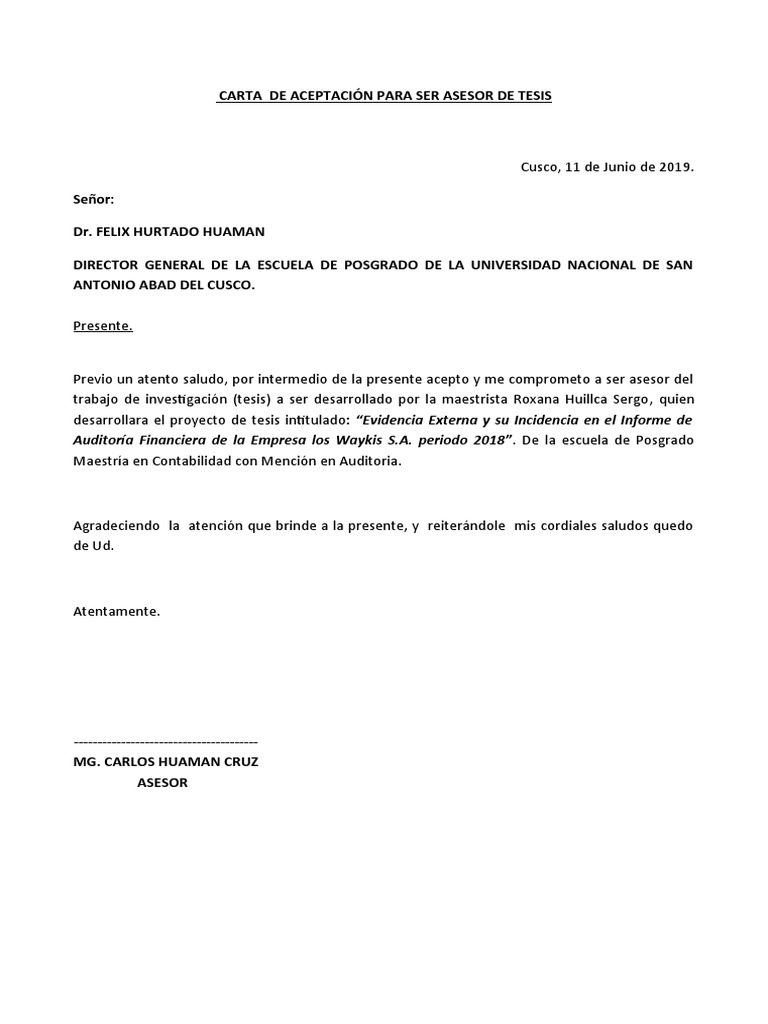 Carta de Aceptación para Ser Asesor de Tesis | PDF