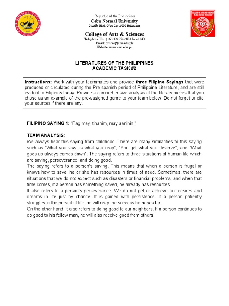 Filipino Sayings: Pre-Spanish Literature Analysis | PDF | Tagalog ...