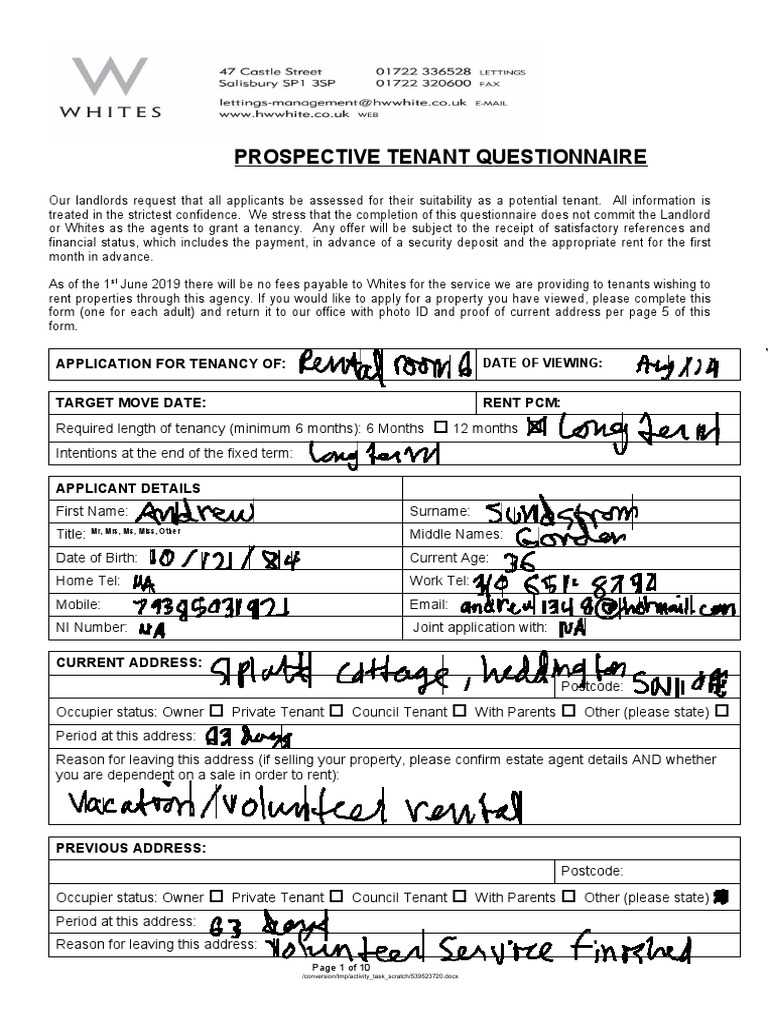 PROSPECTIVE TENANT QUESTIONNAIRE (Updated 31.05.19 BHJ and MJBS) - 1 ...