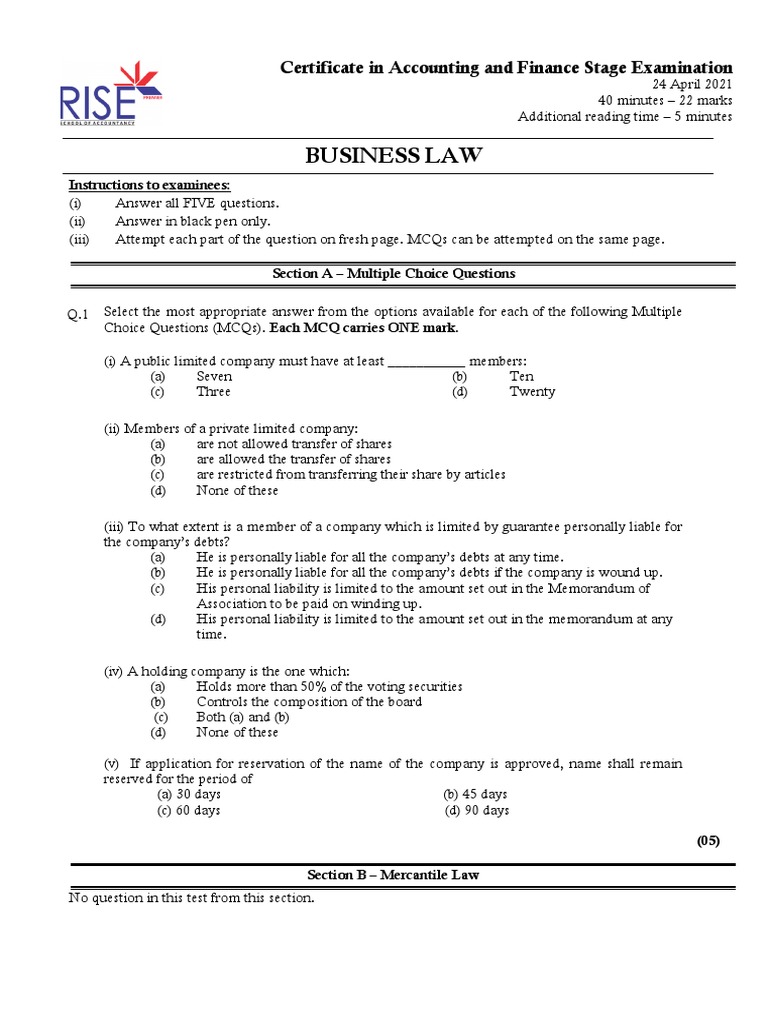 Business Law Exam Guide | PDF | Law Of Agency | Legal Liability