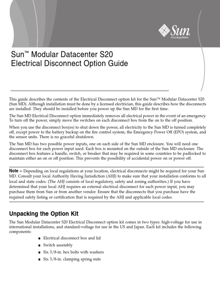 Sun Modular Datacenter S20 Electrical Disconnect Option Guide | PDF | Electrical Wiring ...