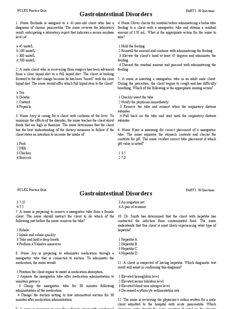 1gastrointestinal System Disorders NCLEX Practice Quiz | PDF ...