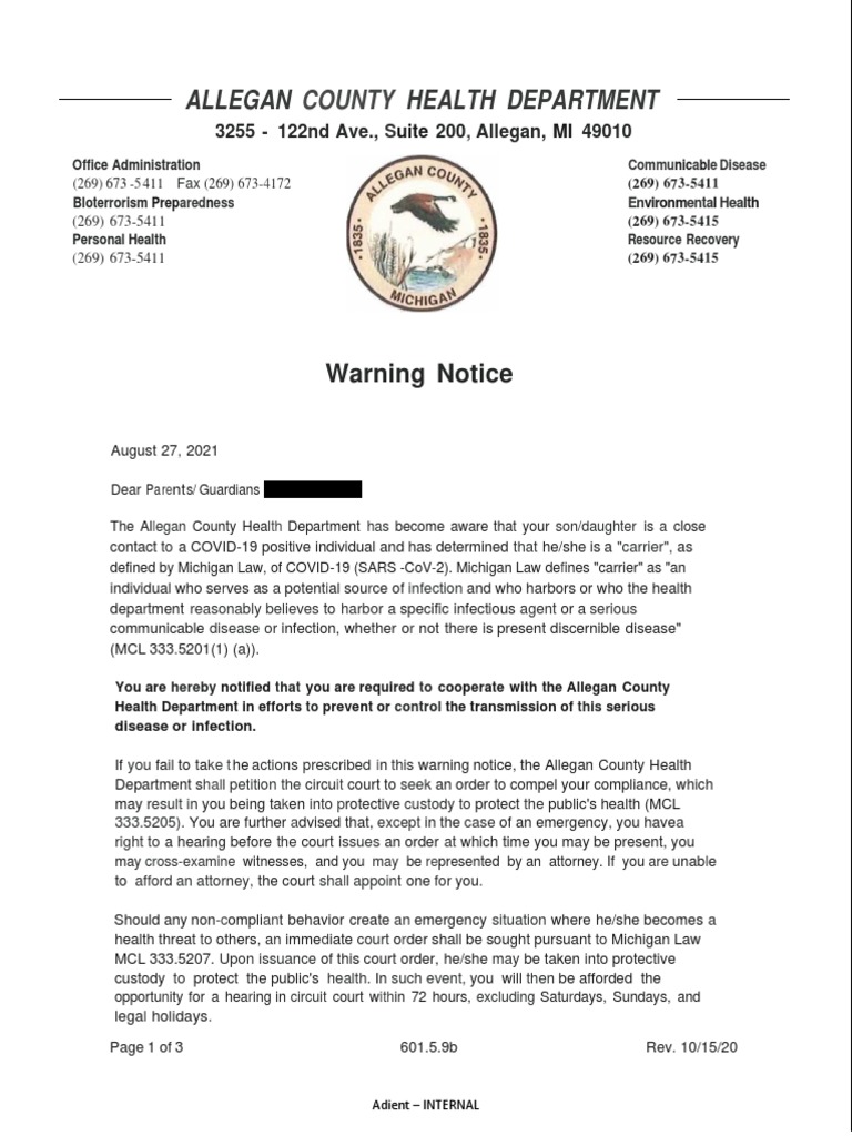 Allegan County Warning Notice | PDF | Infection | Quarantine