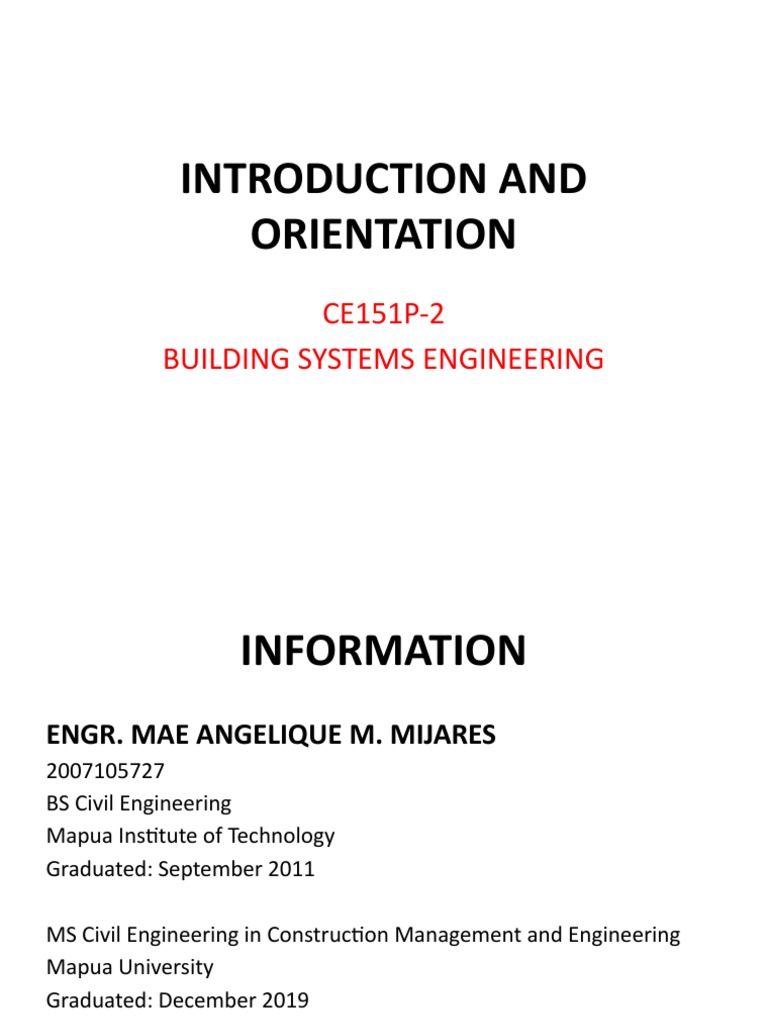 Introduction and Orientation: CE151P-2 Building Systems Engineering ...