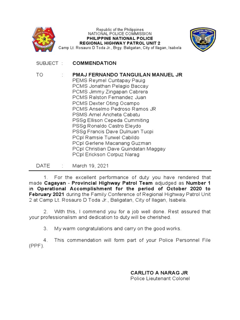 Commendation Pmaj Fernando Tanguilan Manuel JR: Subject | PDF | Law ...