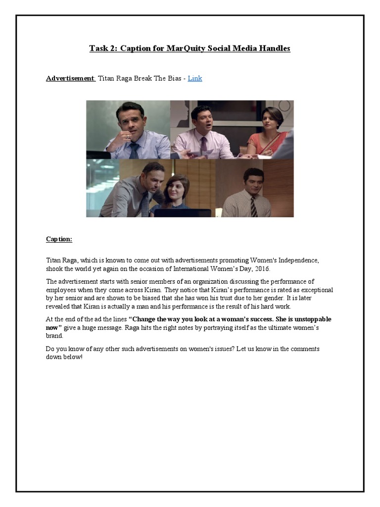 Task 2: Caption For Marquity Social Media Handles: Advertisement: Titan Raga Break The Bias | PDF