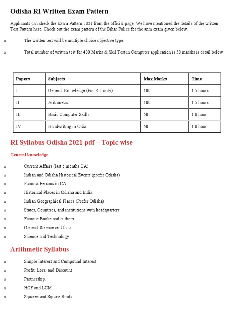 Odisha RI Written Exam Pattern | PDF | Test (Assessment)