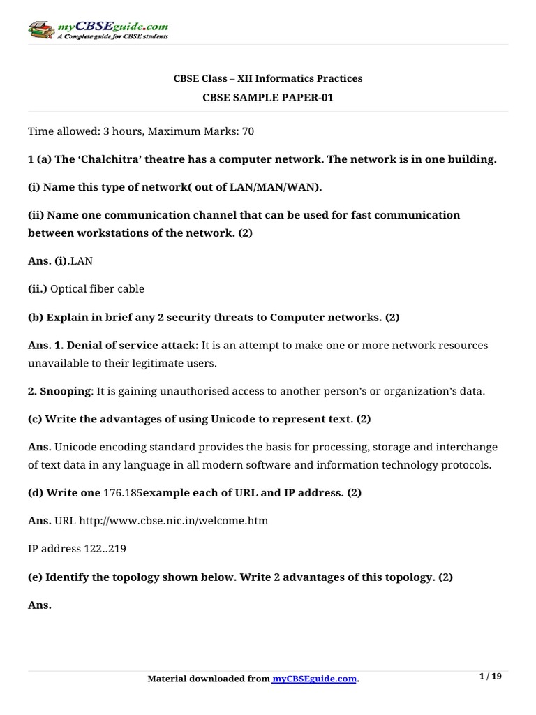Time Allowed: 3 Hours, Maximum Marks: 70: CBSE Class - XII Informatics Practices | PDF ...