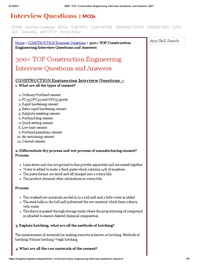 Top Construction Engineering Interview Q&A | PDF | Concrete | Cement