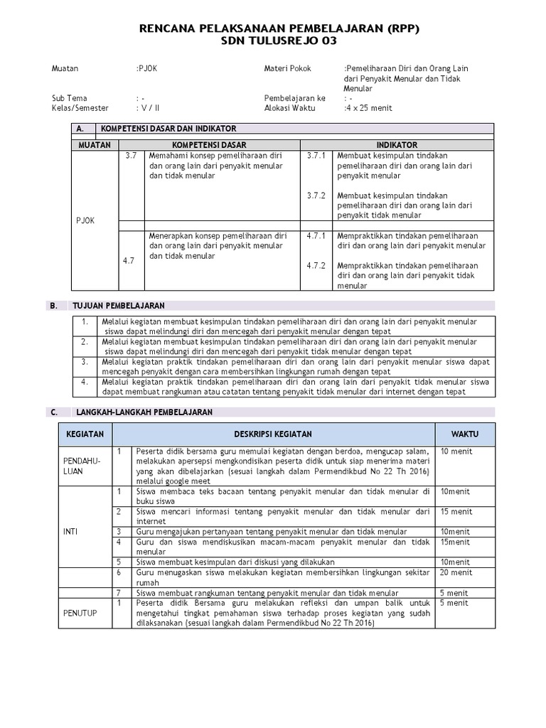 RPP Kebersihan Pjok Kelas 5 KD 3.7 Dan 4.7 (Adiwiyata) | PDF