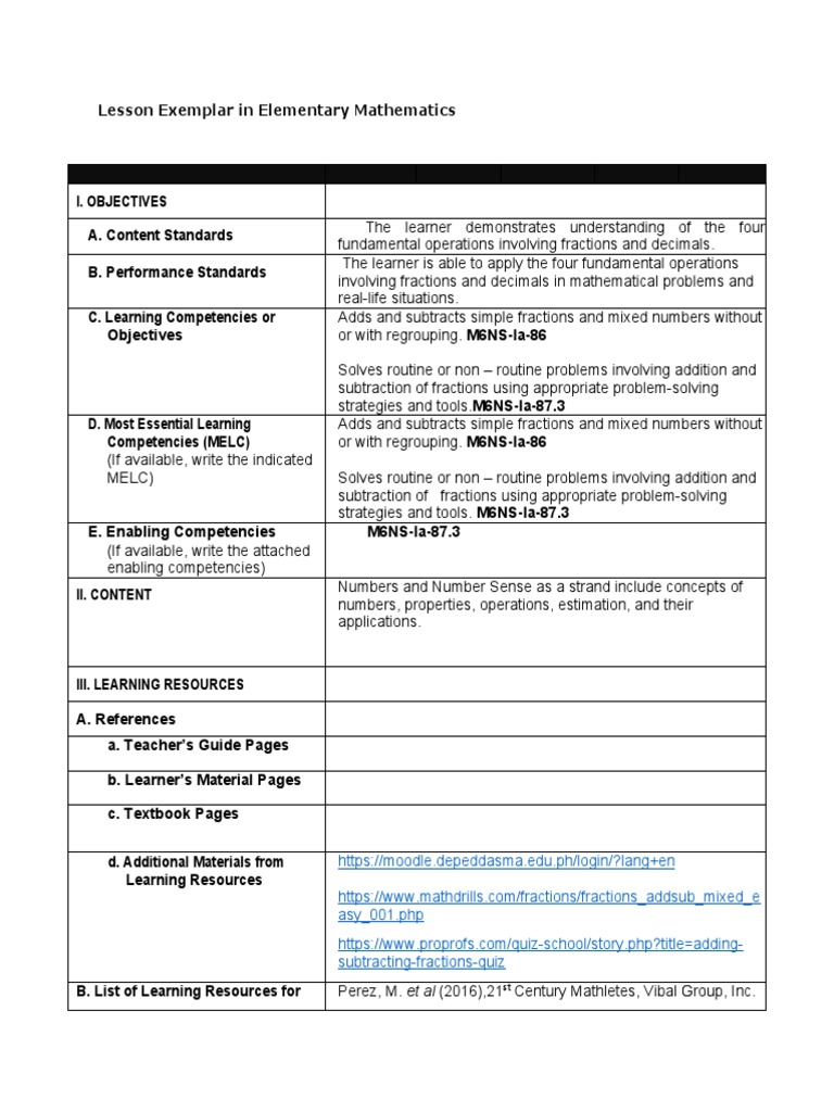 WEEK 1 Lesson Exemplar For Math Grade 6 | PDF | Learning | Subtraction
