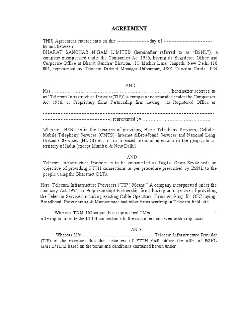 BSNL-TIP FTTH Revenue Sharing Agreement | PDF | Indemnity | Arbitration