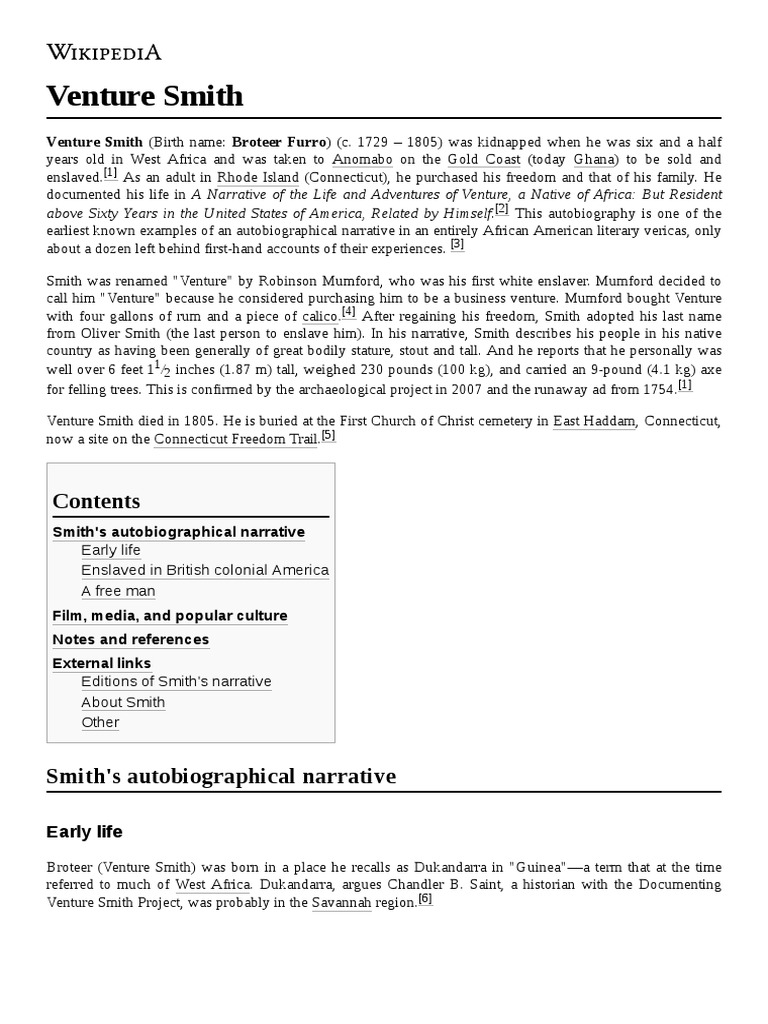 Venture Smith: Venture Smith (Birth Name: Broteer Furro) (C. 1729 ...