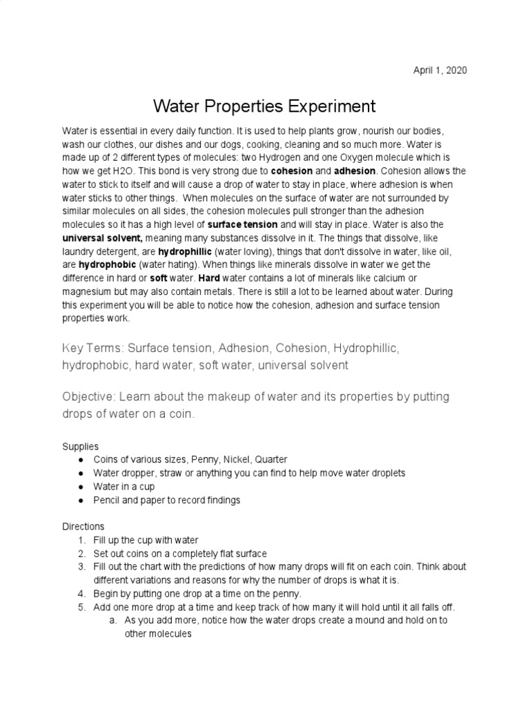 Water Properties Experiment: Universal Solvent | PDF | Water | Adhesion