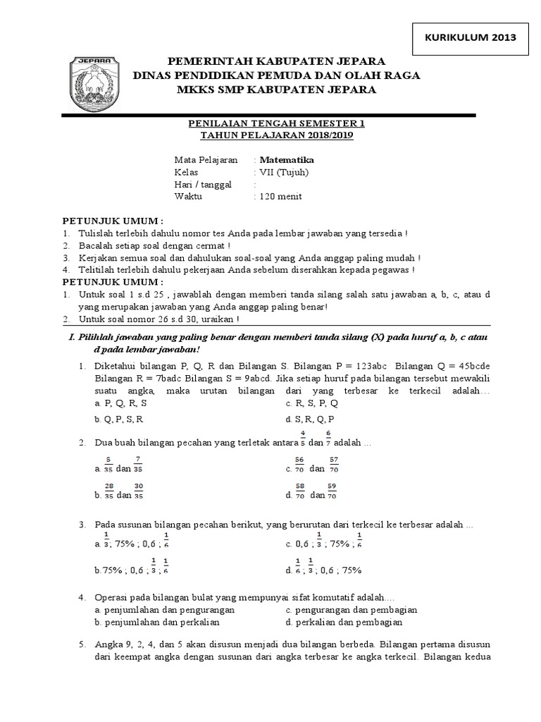 Soal PTS 1 Kls 7 K13 2019 | PDF