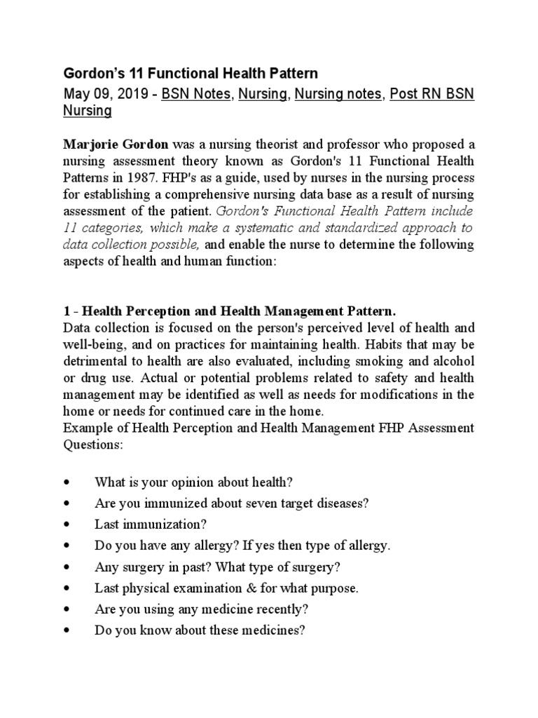 Gordons 11 Functional Health Pattern | PDF | Nursing | Perception