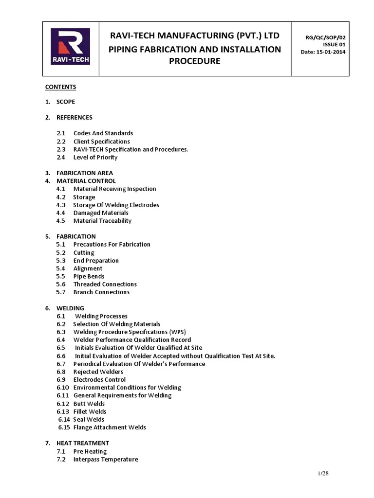 SOP-Piping Fabrication & Installation | PDF | Pipe (Fluid Conveyance ...