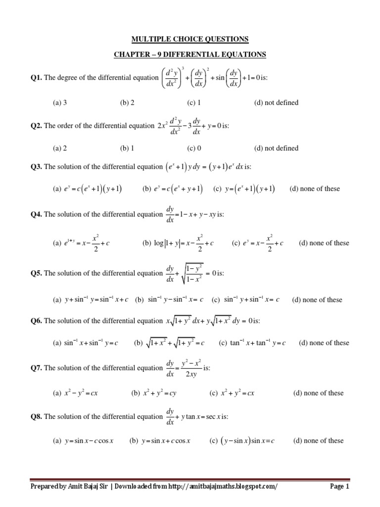 CH 9 Differential Equations Multiple Choice Questions With Answers ...