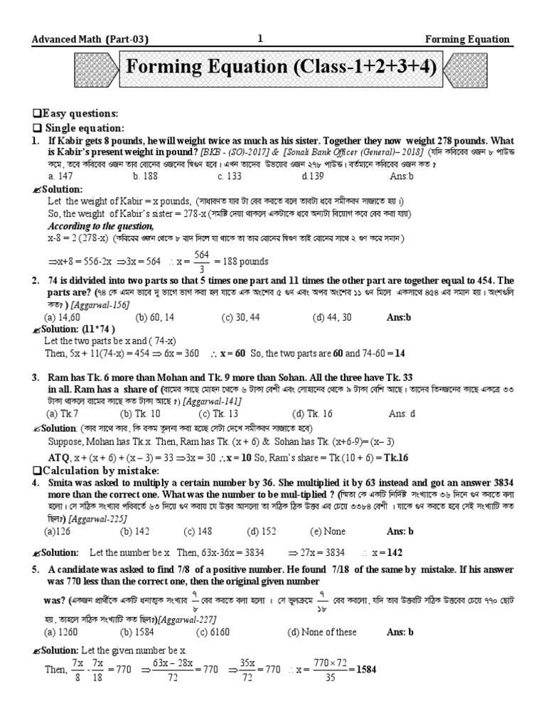 Forming Equation (Class-1+2+3+4) : Easy Questions: Single Equation | PDF