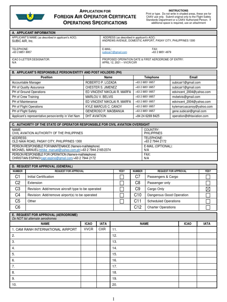 001 519 Form FAOC Application CAAV 2019 - SAI | PDF | Aerospace | Aircraft