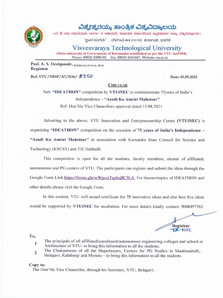 Revised Circular - VTU IDEATHON | PDF