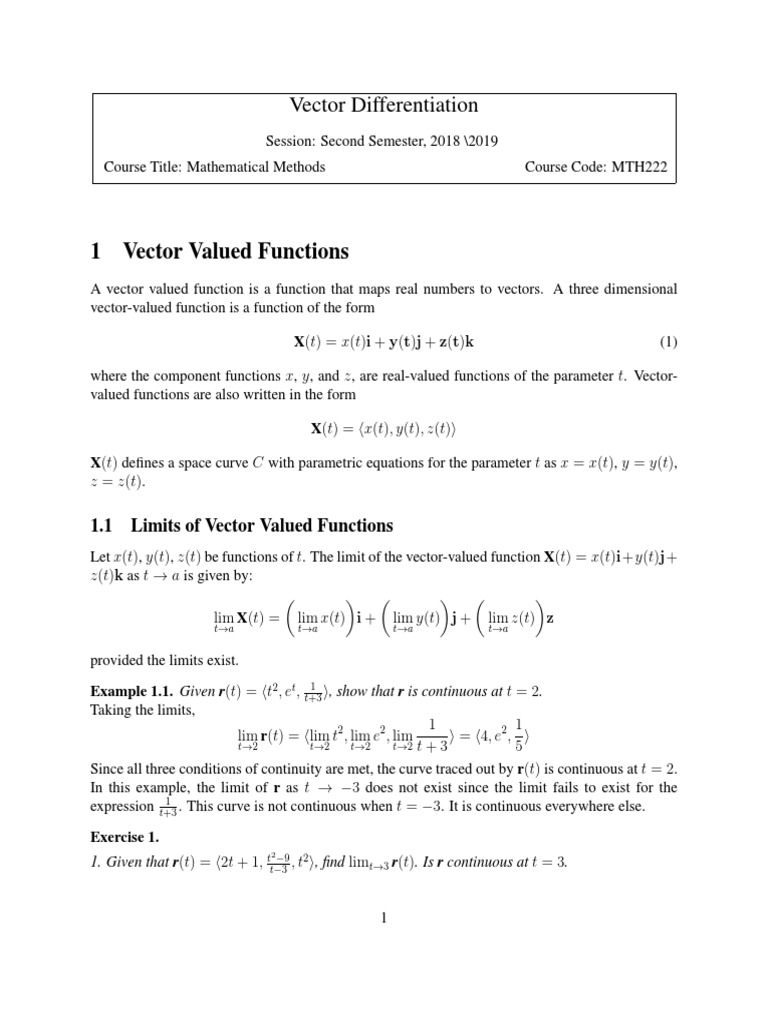Vector Differentiation: 1.1 Limits of Vector Valued Functions | PDF ...