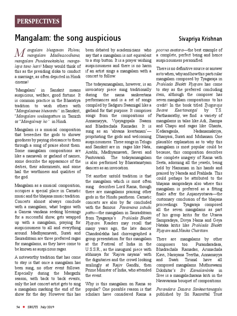 Mangalam: The Song Auspicious: Perspectives | PDF