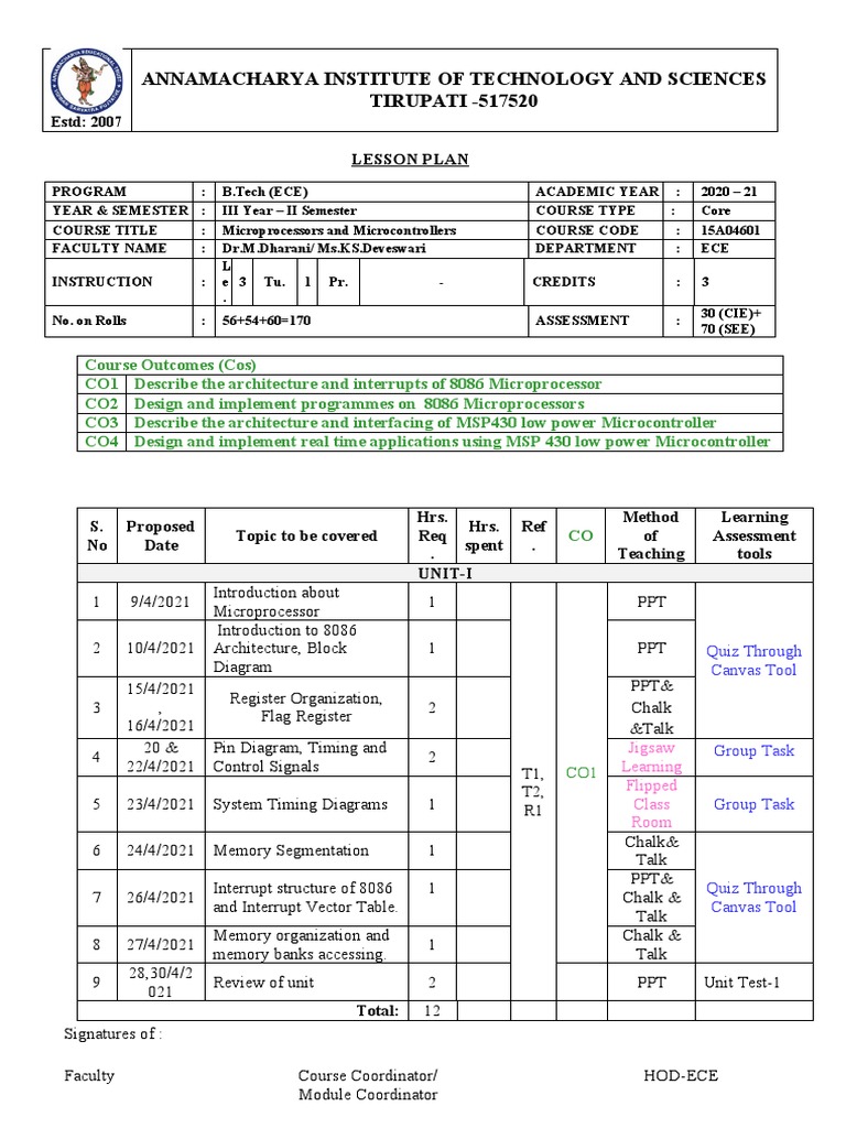 MPMC Lesson Plan | PDF | Microcontroller | Embedded System
