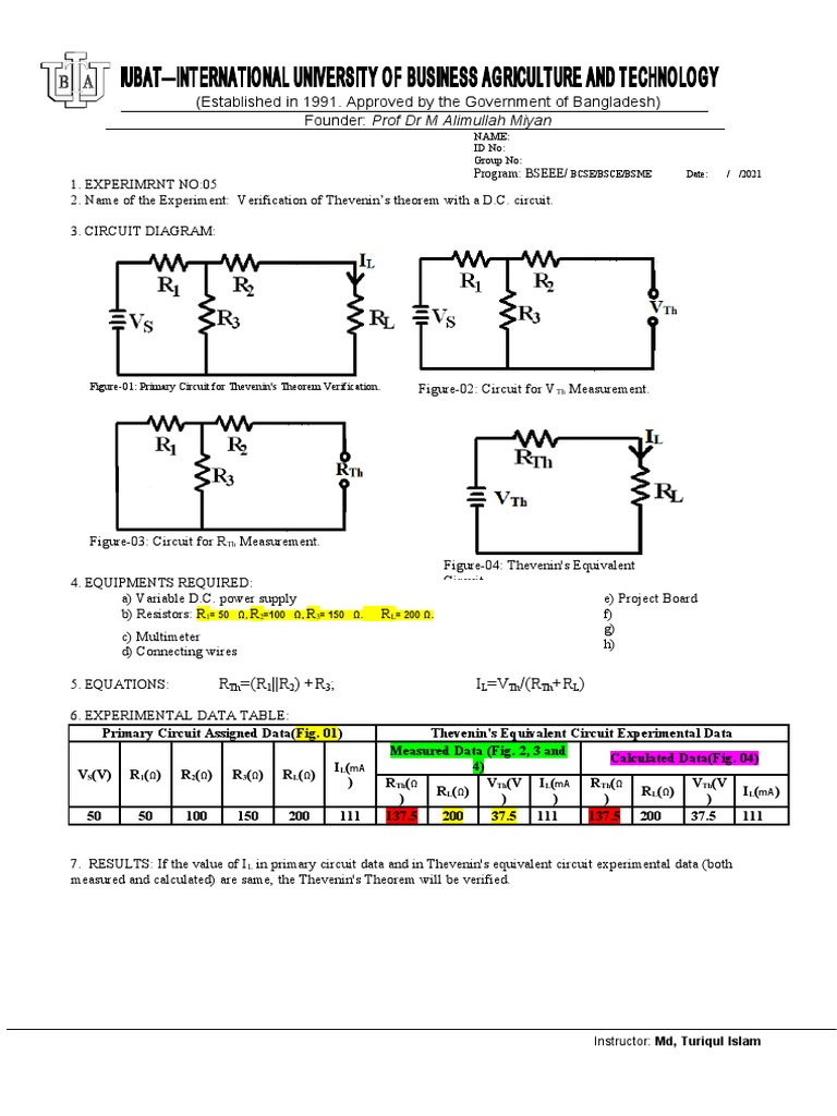 Thevenin's Theorem Verification Experiment | PDF | Electrical Network ...