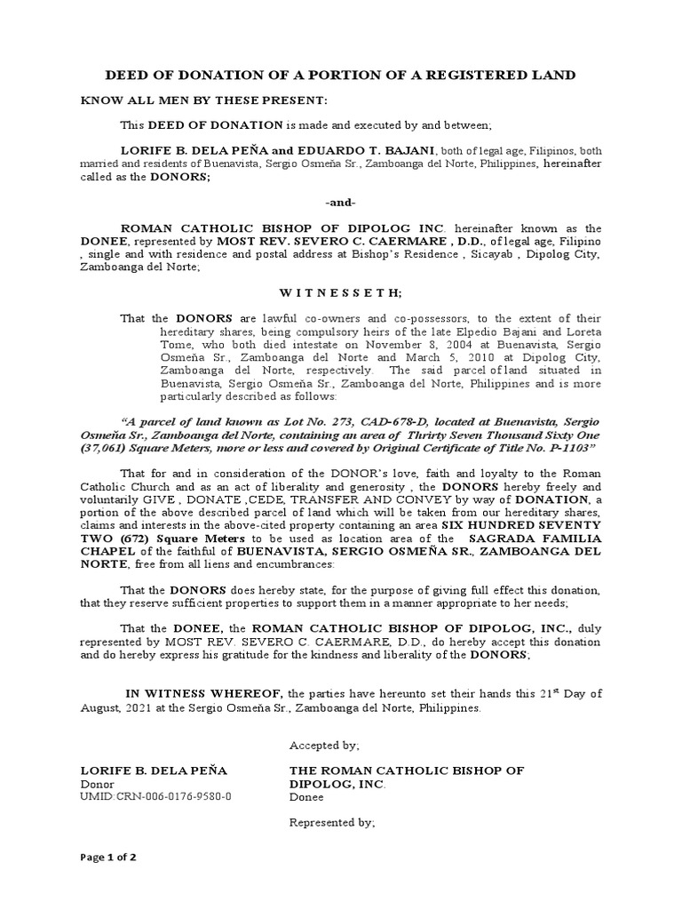 DEED OF DONATION FORMAT CHURCH - Buenavista - New | PDF | Property ...