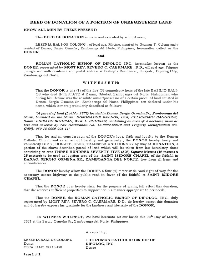 DEED OF DONATION FORMAT CHURCH - For Danao | PDF | Property Law | Civil ...