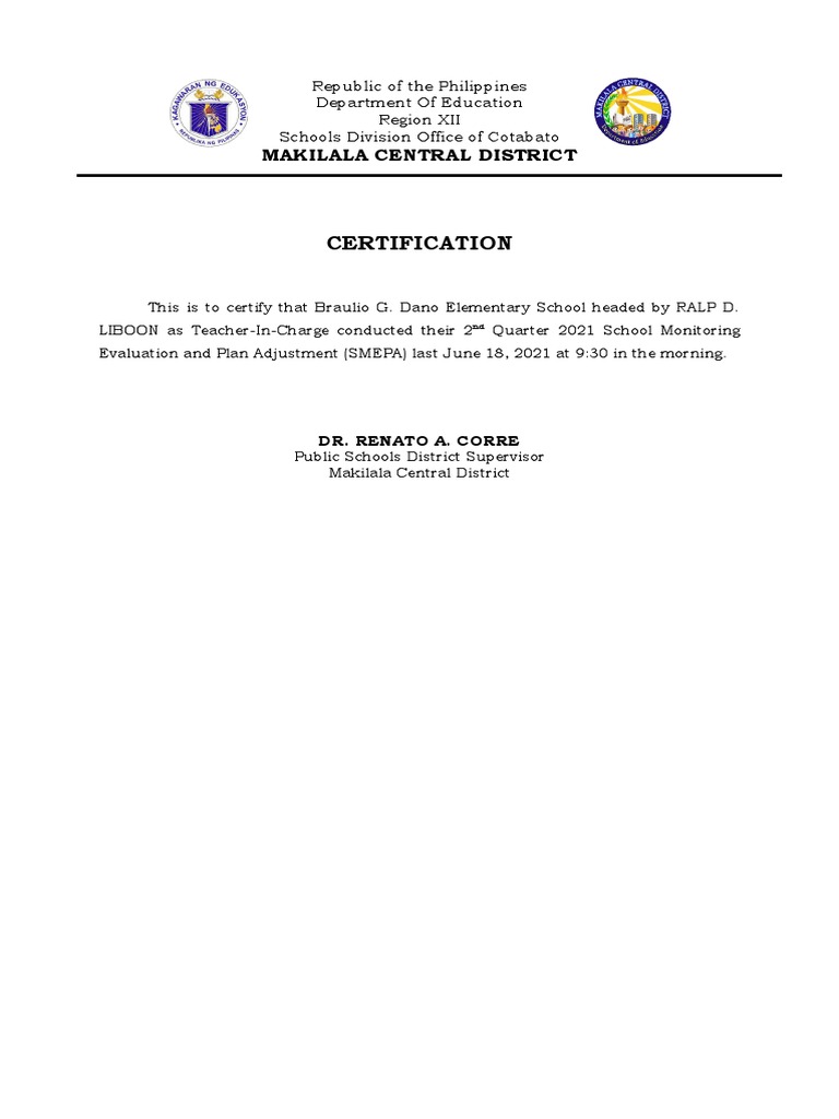 SMEPA Certification for Braulio G. Dano | PDF