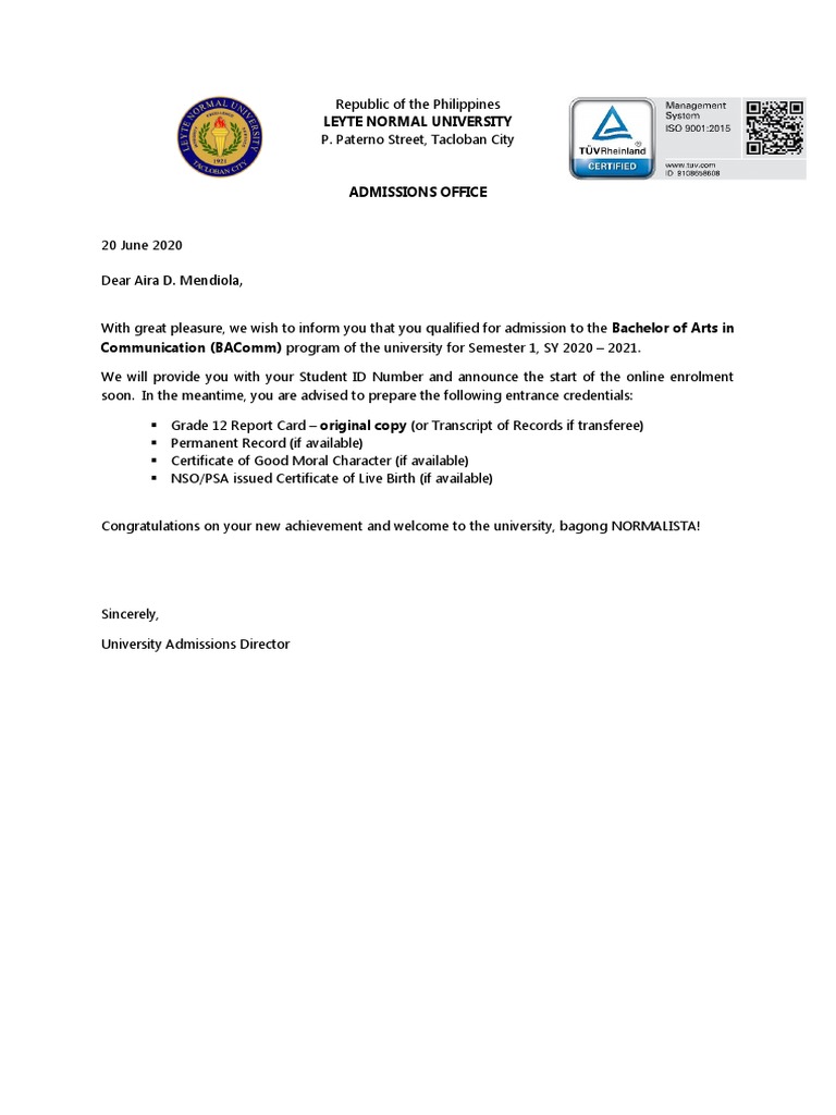 Letter of Acceptance To The University | PDF