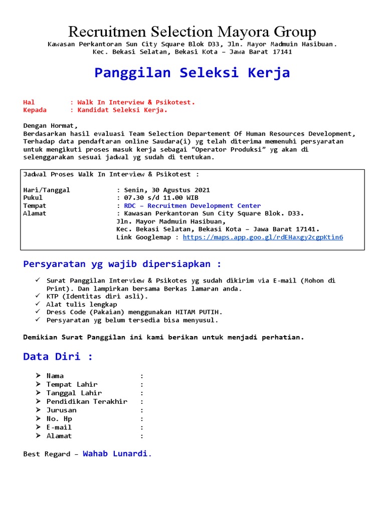 Walk in Interview & Psikotes PT. Mayora Group | PDF