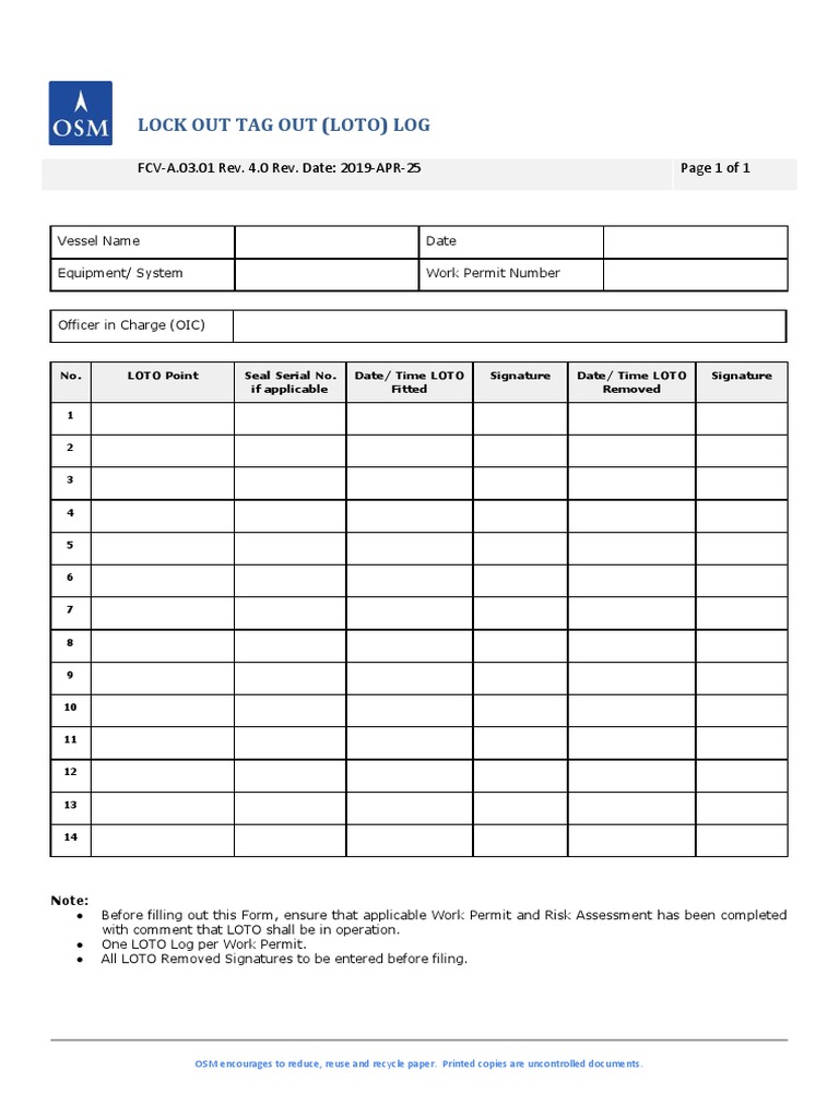 01 Lock Out Tag Out Log Form | PDF | Computers | Technology & Engineering