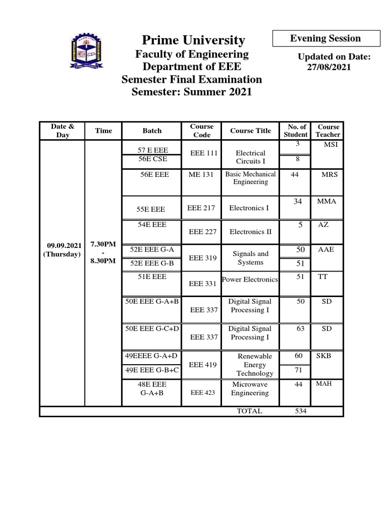EEE Summer 2021 Exam Schedule | PDF | Electrical Engineering | Laplace ...