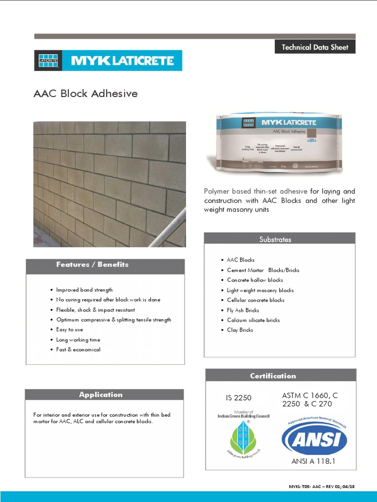 Myk Aac Block Adhesive Technical Data Sheet | PDF | Concrete | Brick