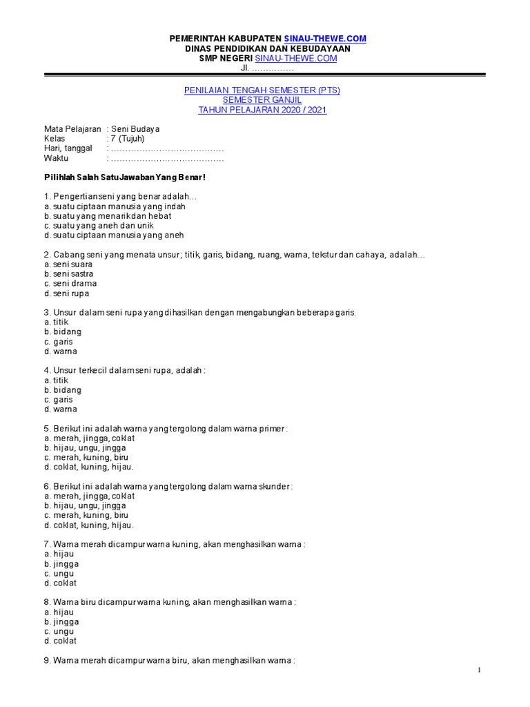 Soal & Jawaban PTS SBK Kelas 7 Semester 1 | PDF