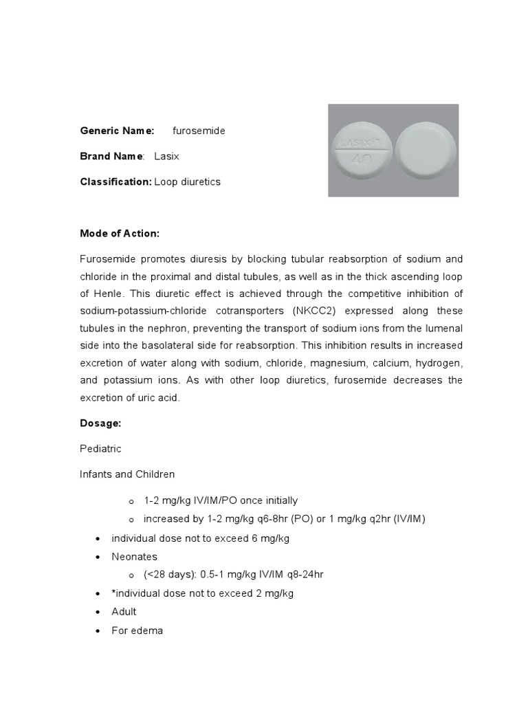 Generic Name: Brand Name: Lasix Classification: Loop Diuretics | PDF ...