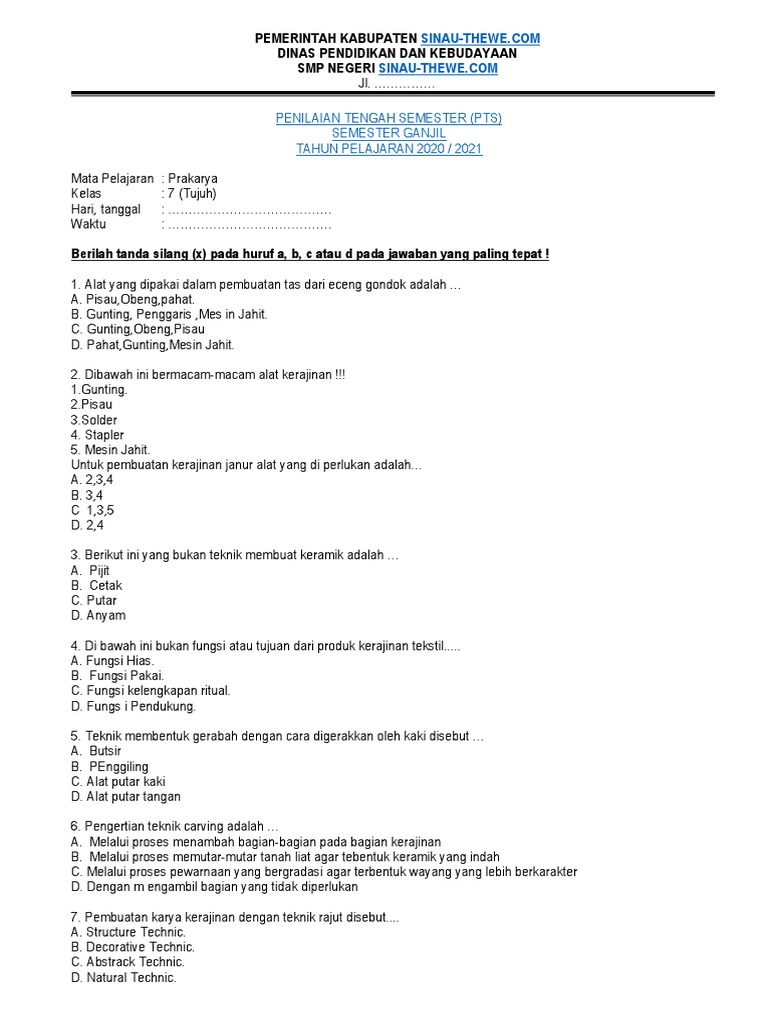 Soal & Jawaban PTS Prakarya Kelas 7 Semester 1 | PDF | Griya & Taman