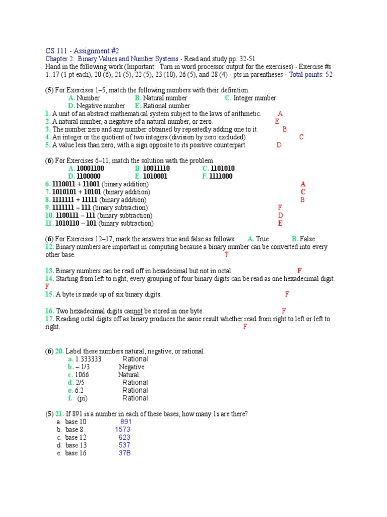 CS 111 - Assignment #2: Chapter 2: Binary Values and Number Systems Total Points: 52 | Download ...