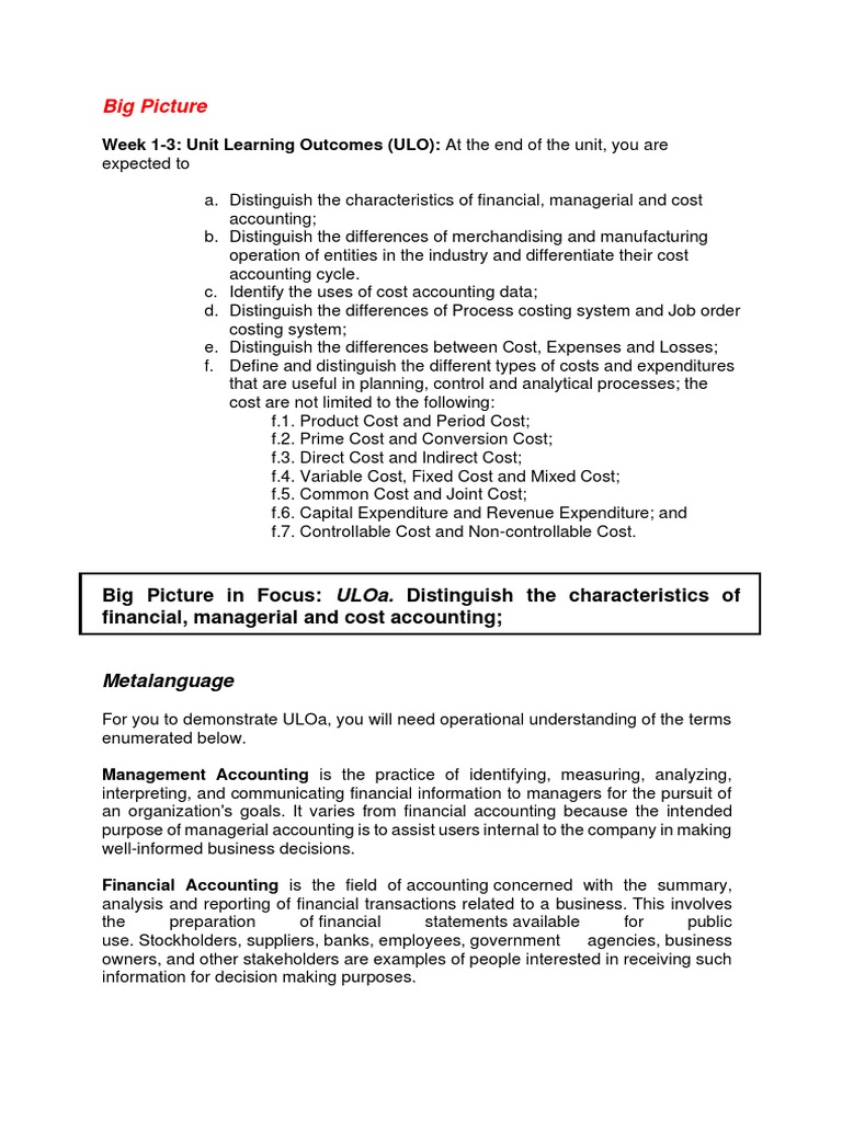 Big Picture: Week 1-3: Unit Learning Outcomes (ULO) : at The End of The ...