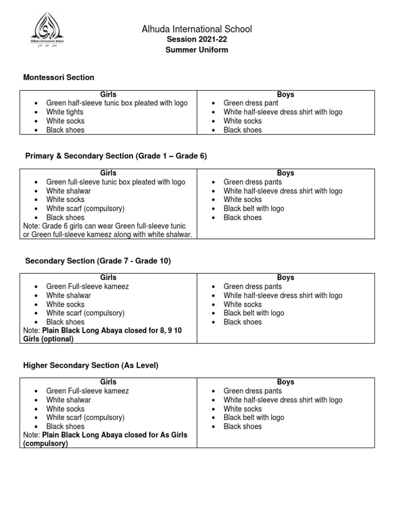 Alhuda International School Summer and Winter Uniform Guide | PDF ...