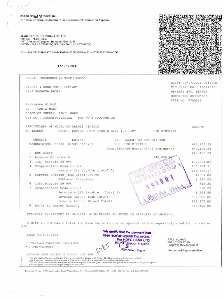 Maruti Suzuki tax invoice for vehicle sale | PDF | Accounting | Sales