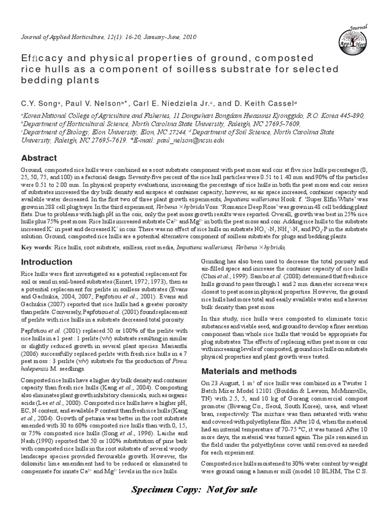 Ef Cacy and Physical Properties of Ground, Composted Rice Hulls As A Component of Soilless ...