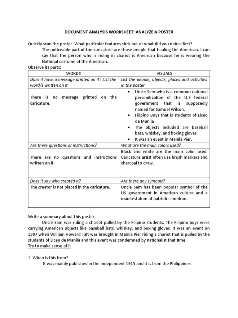 Document Analysis Worksheet: Analyze A Poster | PDF | Cognition
