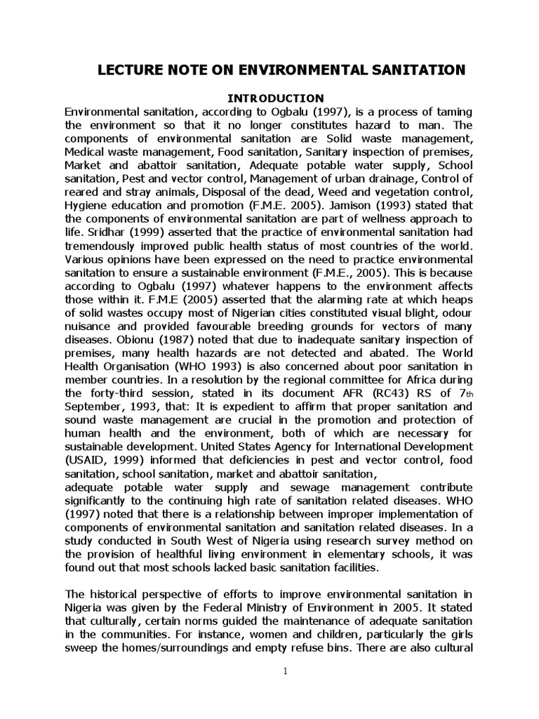 Lecture Note On Environmental Sanitation | PDF | Sanitation | Drinking ...