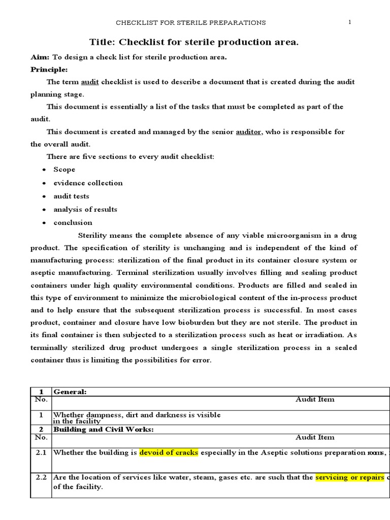 Audit Checklist Sterile Production Area | PDF | Sterilization (Microbiology) | Purified Water