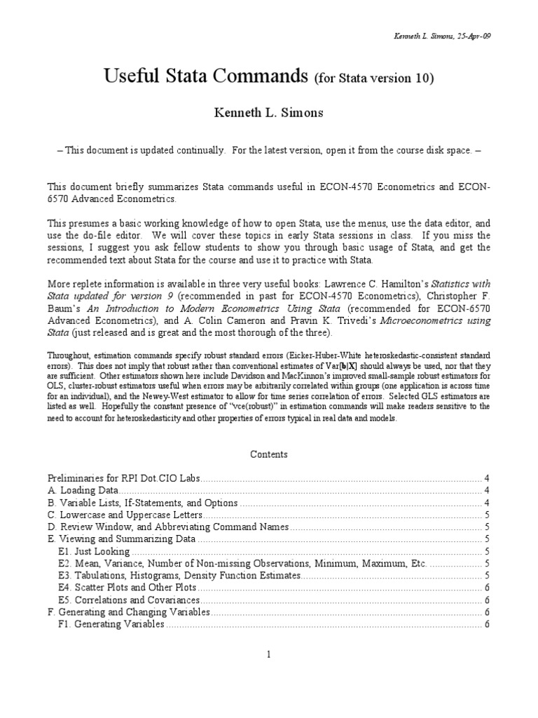 Useful Stata Commands | PDF | Coefficient Of Determination | Regression Analysis