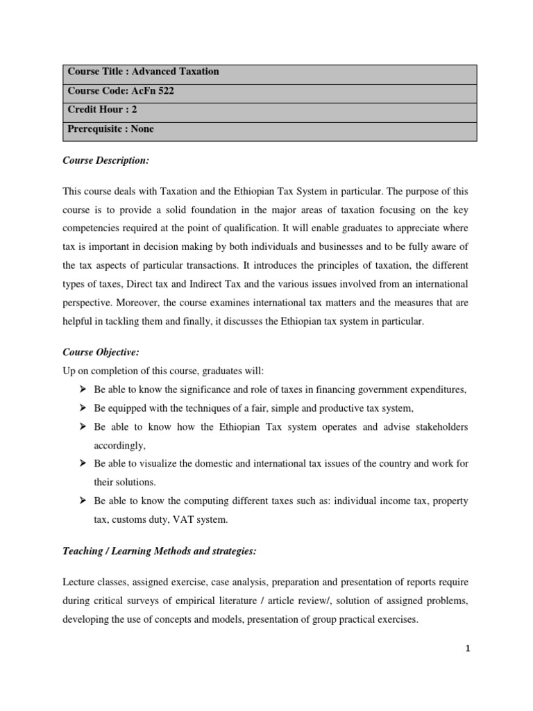 Course Title: Advanced Taxation Course Code: Acfn 522 Credit Hour: 2 ...